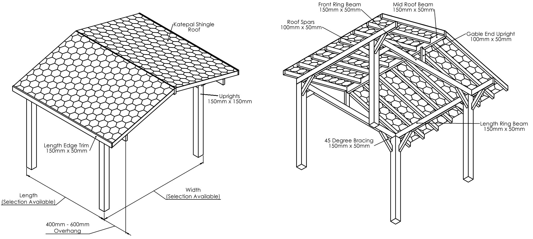 Oak Wooden Gazebo - Katepal Black Shingle Roof - Apex Design - With Ov ...