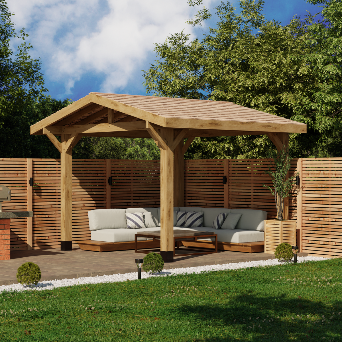 Oak Wooden Gazebo - Cedar Shingle Roof - Apex Design - With Overhang ...