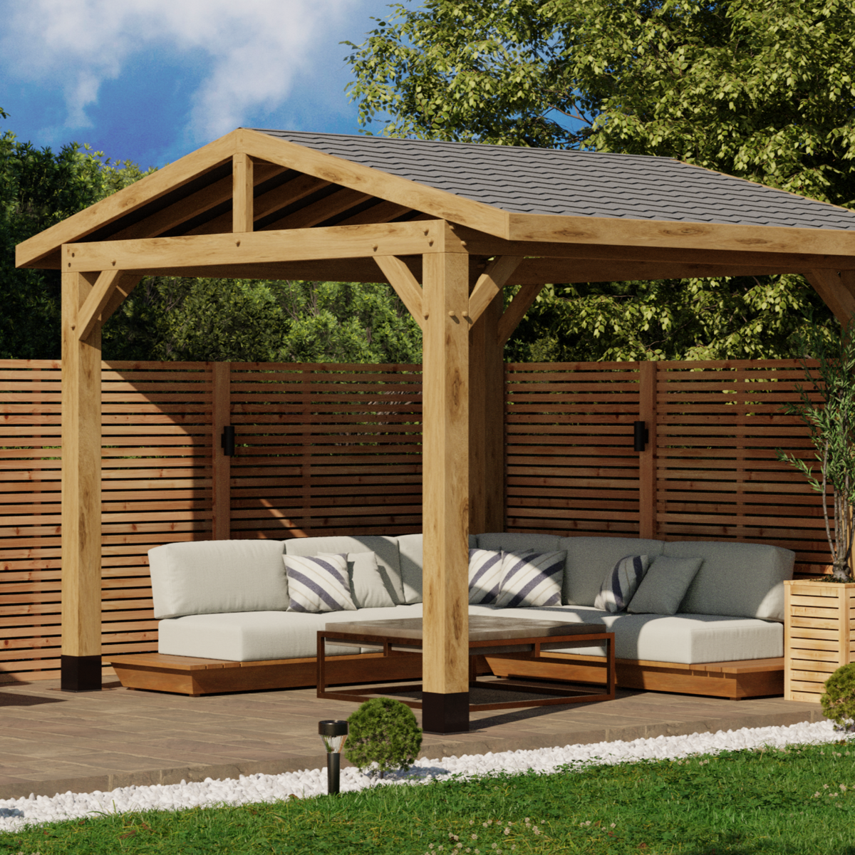 Premium Oak Pergola | Katepal Grey Shingle Roof – Ruby Group