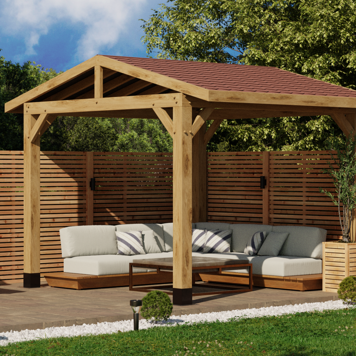 Premium Oak Pergola | Katepal Red Shingle Roof – Ruby Group